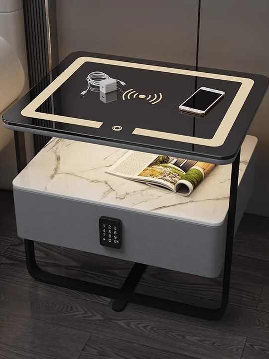 Custom Bedside Table with LED Light, Wireless Charger & Lock