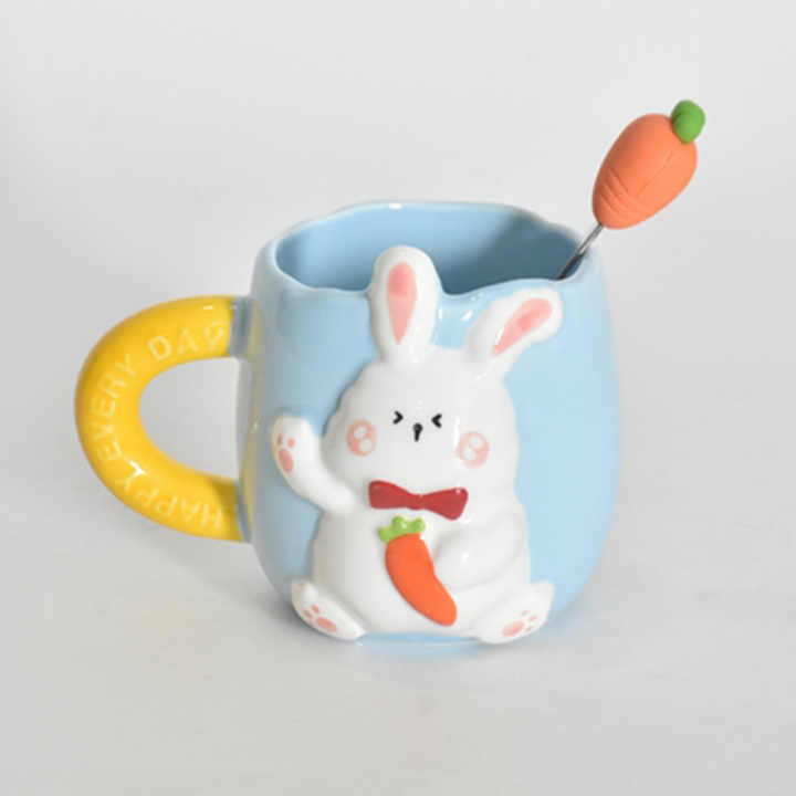 Cartoon ceramic mug Rabbit hand-painted relief portable mug with spoon ...
