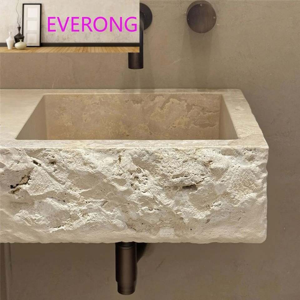 Chiseled Rough Travertine Sink Wall Mounted Rectangular Weathered ...