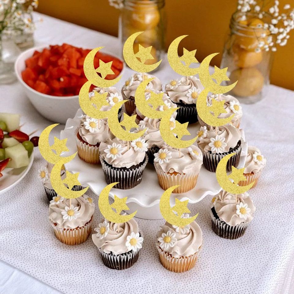 12 Pcs Star&Moon Cake Toppers Eid Mubarak Decorations Ramadan ...