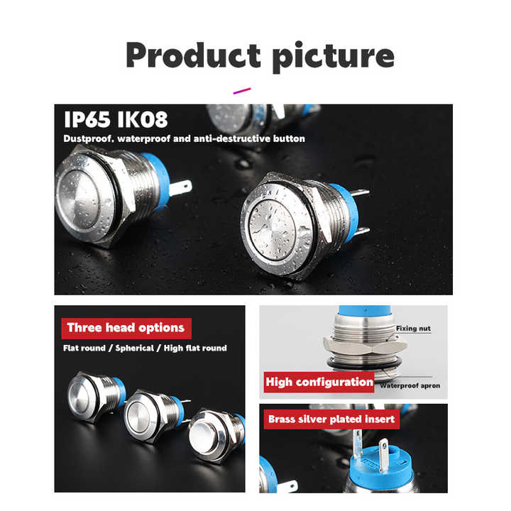 Matel Flat Round Head Ip65 Spst Latching Push Button 16mm Small on off ...