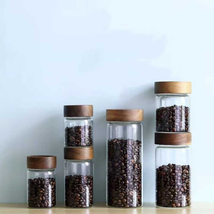 High Quality High Borosilicate Glass Food Storage Jar with Solid Wood Screw Lid Acacia Wood Lid ...