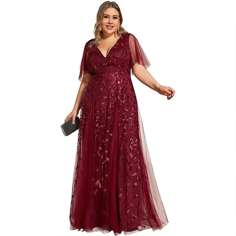 Plus Size Women's Modern Sequin Glitter Short Sleeve V-Neck Ball Gown ...