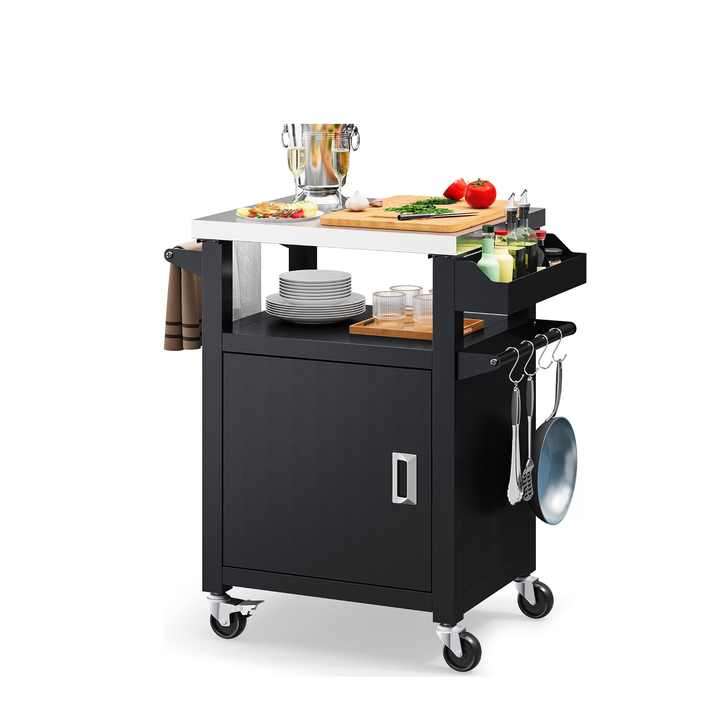 Rolling Grill Table with Storage Cabinet - 3-Shelf Prep