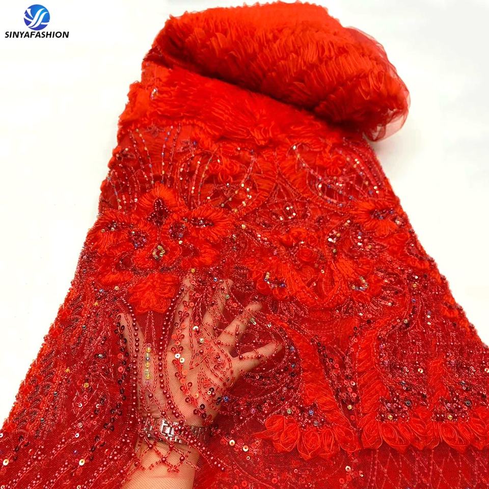 Sinya Big Red Color African 3d Flower Beads Sequins Lace Fabrics High ...