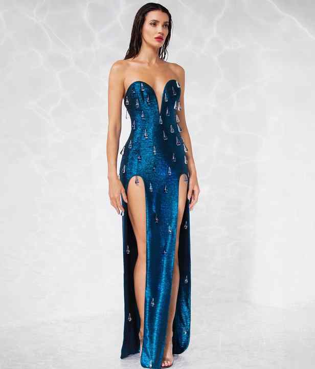Luxury off-the-Shoulder High Slit Evening Dress with Rhinestones