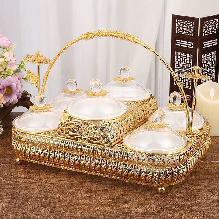 Arabic Luxury Gold Metal Sugar Pot Snack Plate Fruit Tray