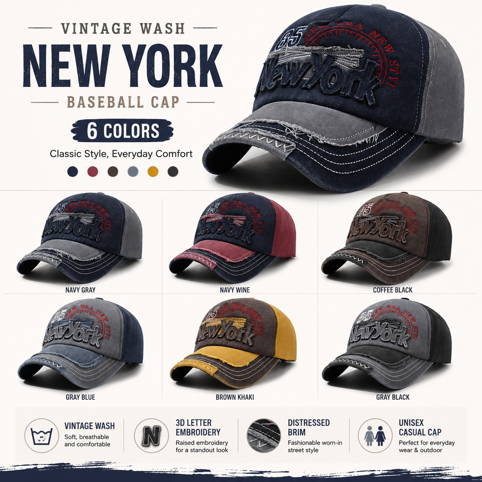 Custom Wholesale Vintage Washed Baseball Cap New York 3D Embroidered ...