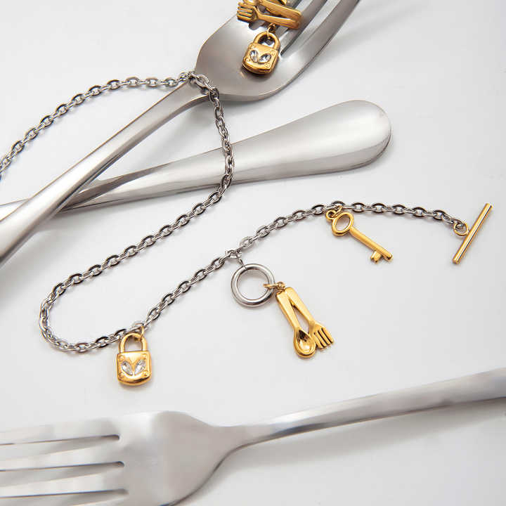 J&D 18K Gold Plated Stainless Steel Necklace Zircon Two Tone Heart Lock ...