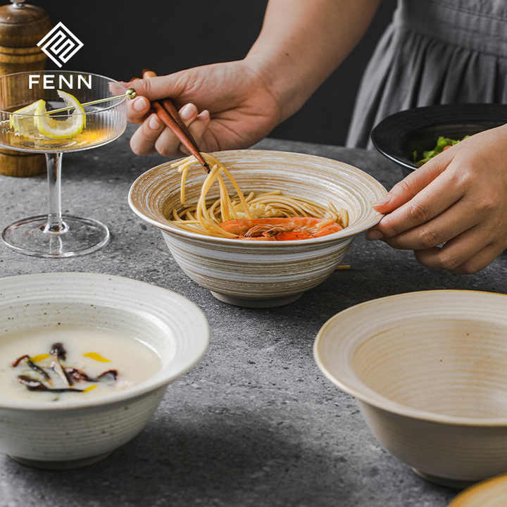 FENN Japanese Style Threaded Ball Shape Ceramics Bowl Dinnerware Set 7 ...