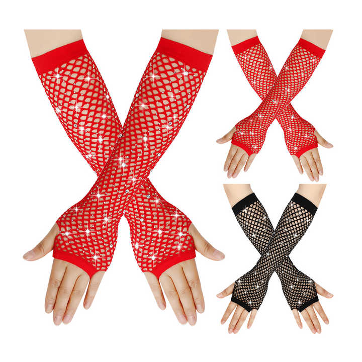 Factory Custom Sexy Fishnet Mesh Gloves Lace Party Diamond Shiny Black ...