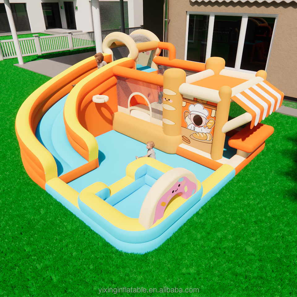 Orange and Blue Patchwork Inflatable Castle with Trampoline Ball Pool ...