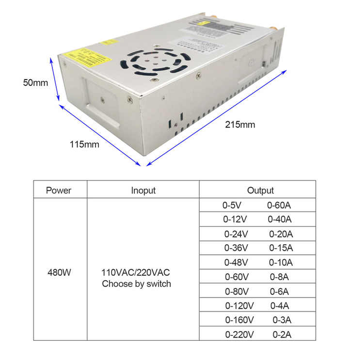 480W Switching Power Supply - Adjustable AC to DC 60V