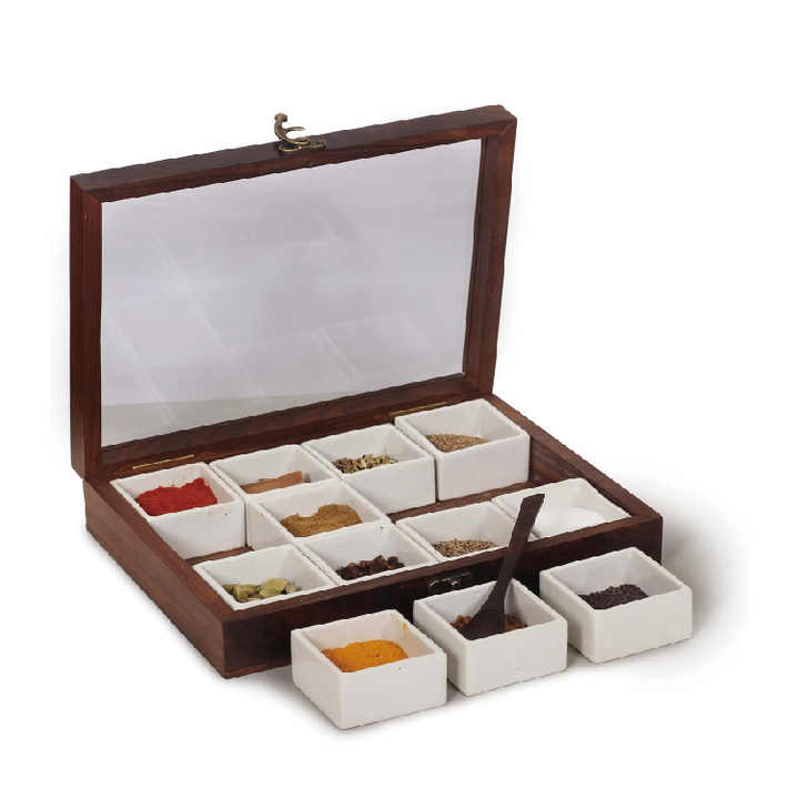 Wooden Spice Box with 12 Ceramic Containers - Indian Masala Dabba