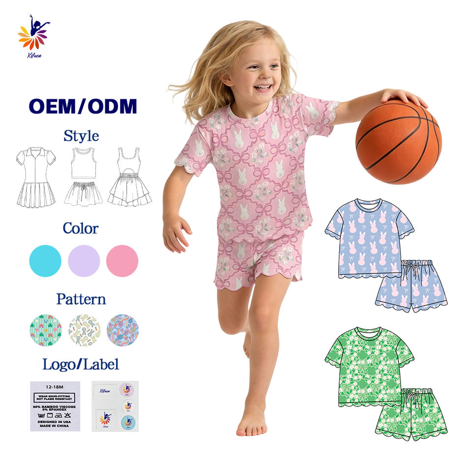 Girls Hot New Yoga Set Short Sleeve Shorts Scallop Hem Custom Logo Size ...