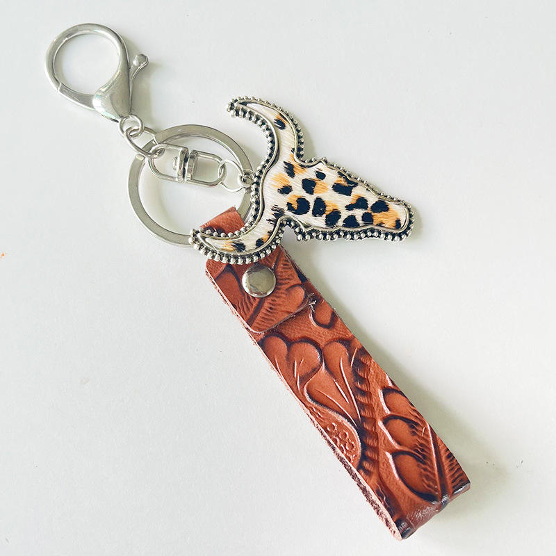 Retro Western Keychain Embossed West Cowboy Pu Leather Wristed Keychain ...