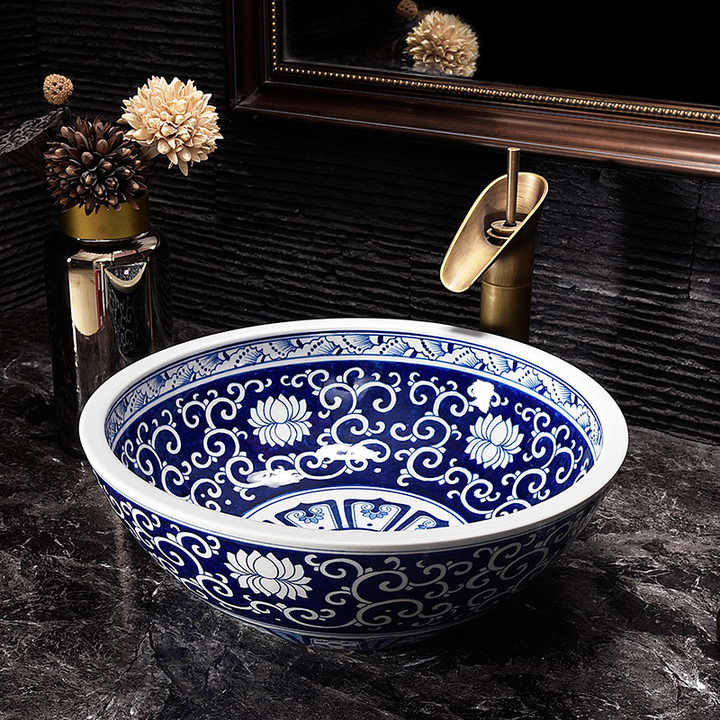 Blue and White Chinese Antique Ceramic Sink Wash Basin Ceramic Counter ...