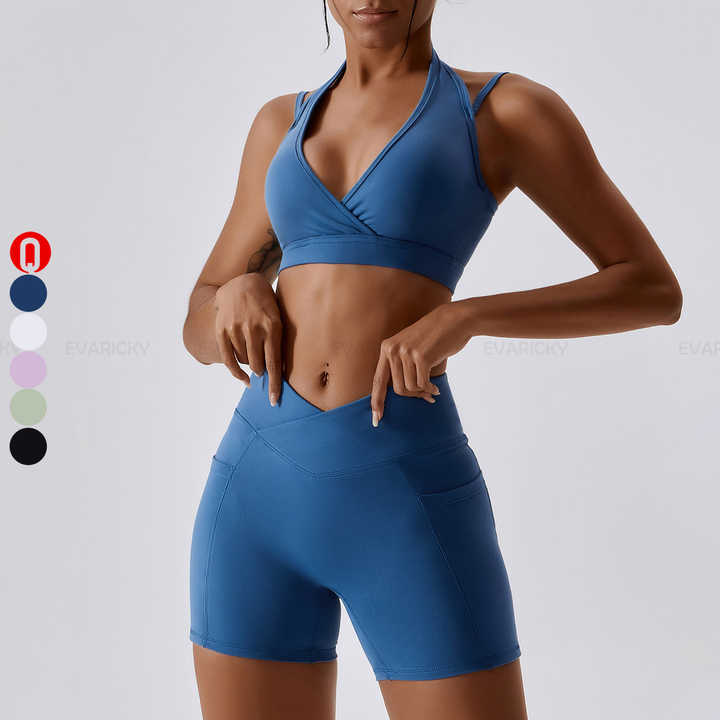 Tow Piece Gym Wear Women Halterneck Sports Bra and V Waist Patchwork Shorts Tracksuit Fitness ...