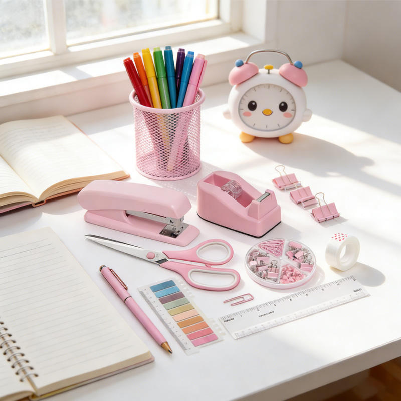 Pastel Pink Office Stationery Set - 12-in-1 Desk Supplies Kit for Home ...