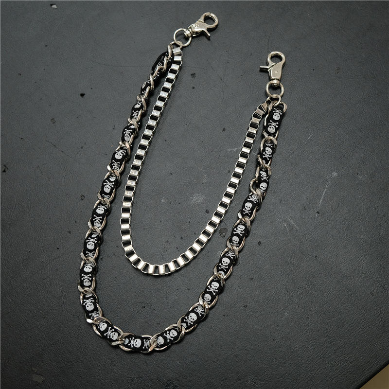 JULUN Jean Chain Skull Print Fabric Patchwork Double Layer Metal Chain ...