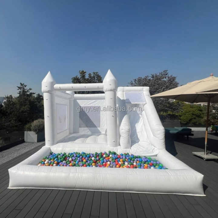 GMY Inflatables All White Bouncing Castle with Slide and Ball Pit ...