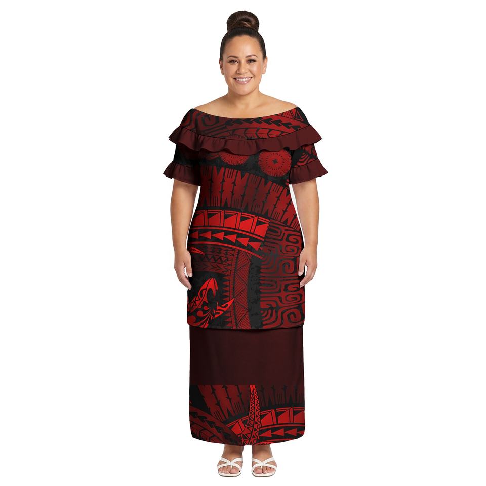 Dark Red Design Women Dress Polynesian Tribal Ladies Puletasi Hawaiian ...