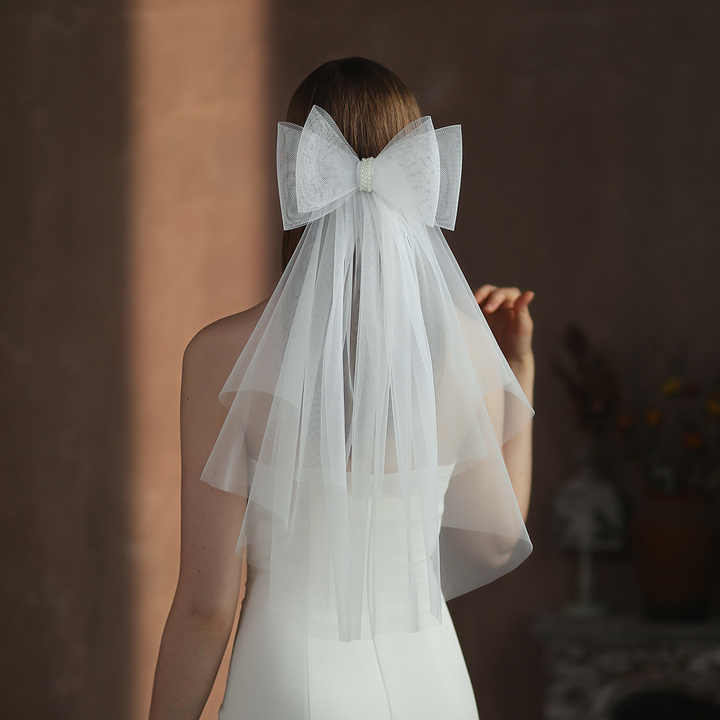 2312 V302 An And Elastic Net Bow Bridal Veil French White Double Layer ...