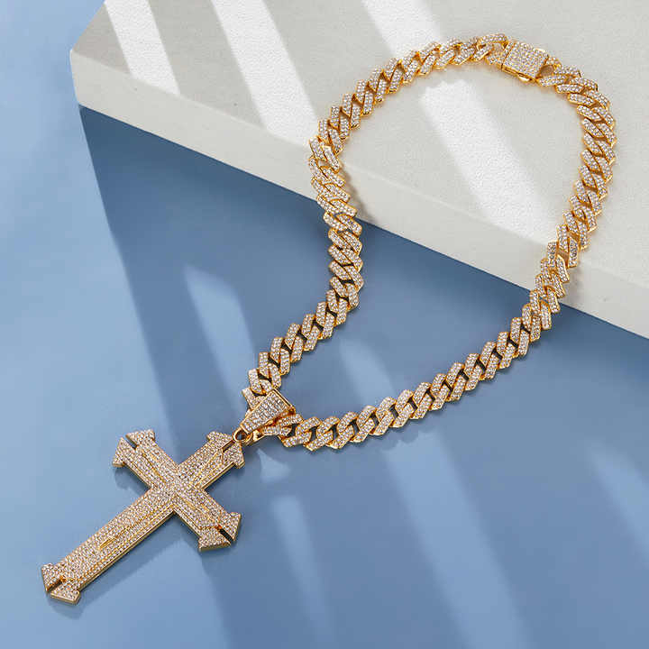 Punk Luxury Rhinestone Big Cross Pendant Cuban Necklace for Women Hip ...