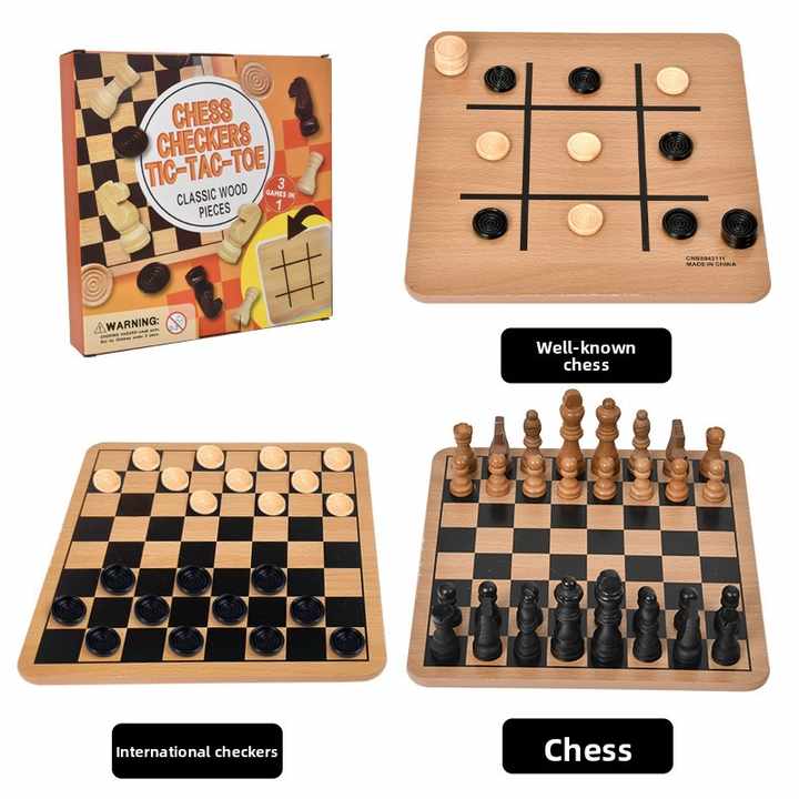 Three-In-One Double-Sided Engraved Wooden Chess Board Set Educational ...