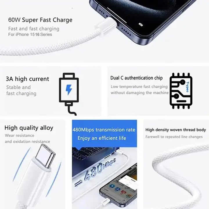 Durable 60W USB C Nylon Woven Cable for Fast Charging
