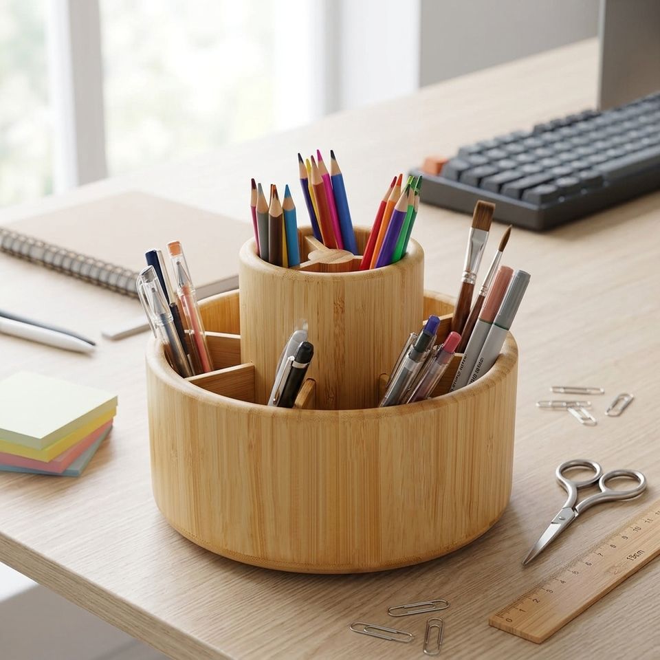Bamboo Rotating Art Supply Desk Organizer Desktop Storage Caddy Pen ...