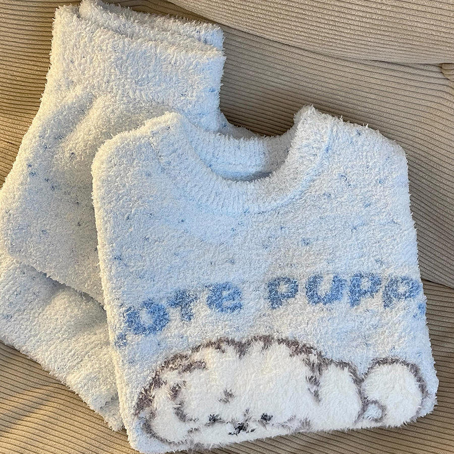 Cute Puppy Print Half Fleece Pajamas Crew Neck Long Sleeves Soft Fluffy ...