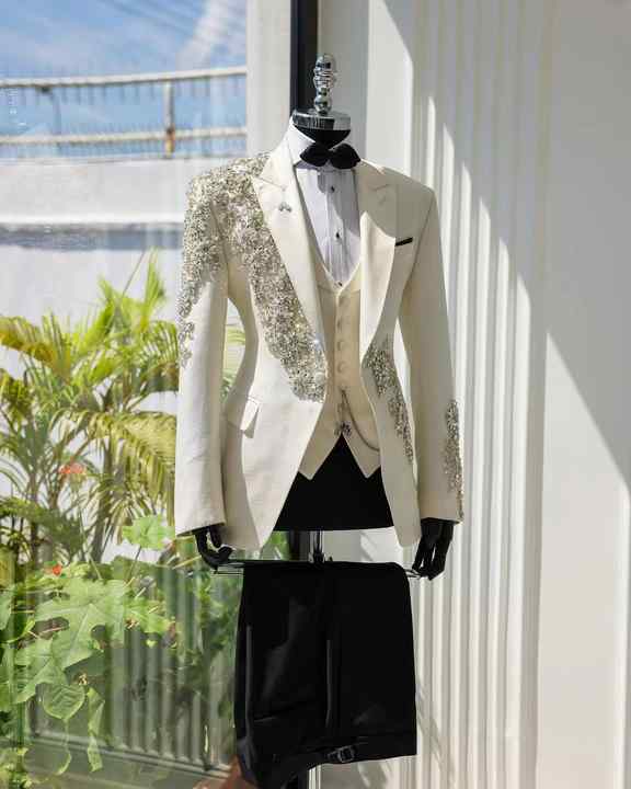 Custom Tailor Rhinestone Shiny Wedding White Suit for Men