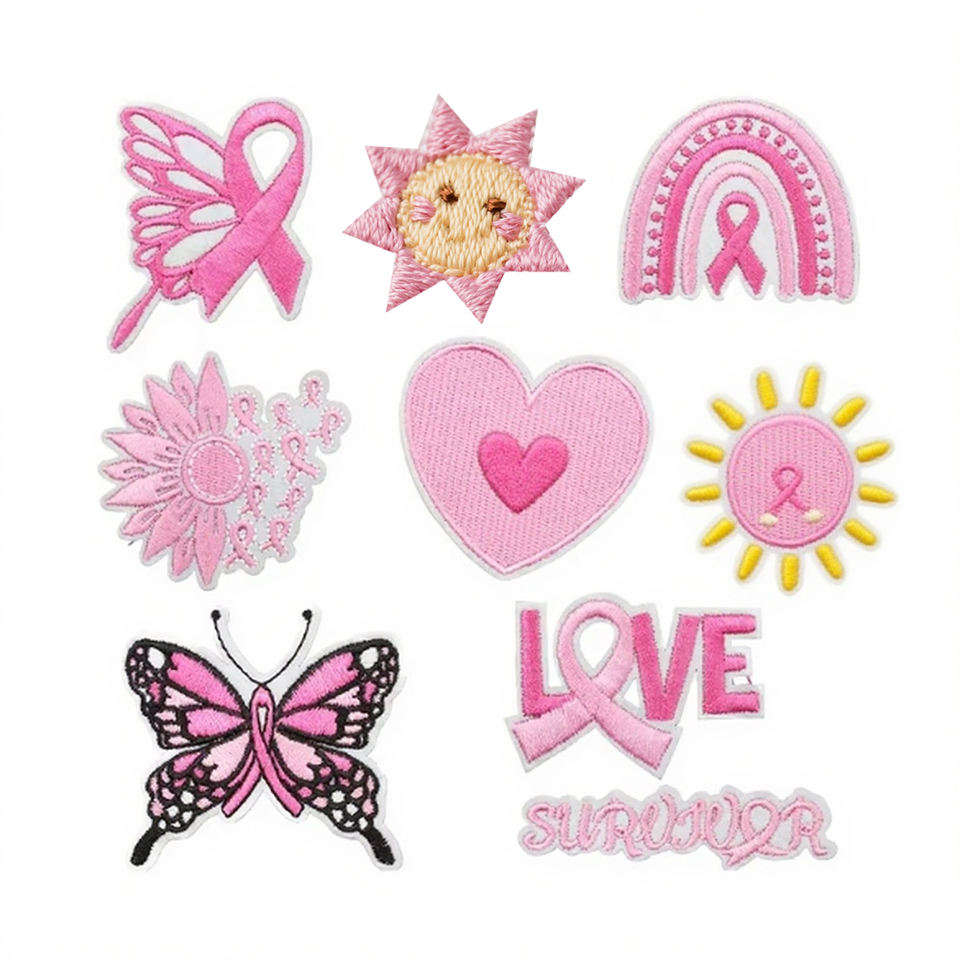 Pink Ribbon Chenille Embroidery Patches with Glitter Heat Transfer Iron ...