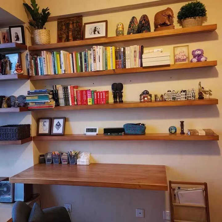 Solid Wood Desk Bookshelf Integrated Table Suspended One-line Board ...