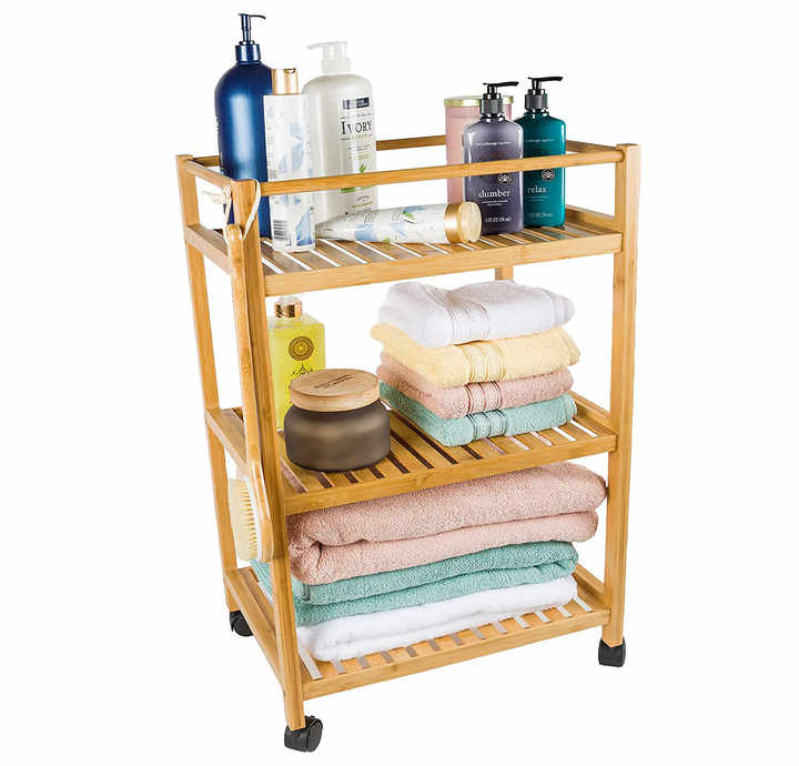 Bamboo 3-Tier Rolling Utility Cart Bamboo Bathroom Trolley, Portable ...