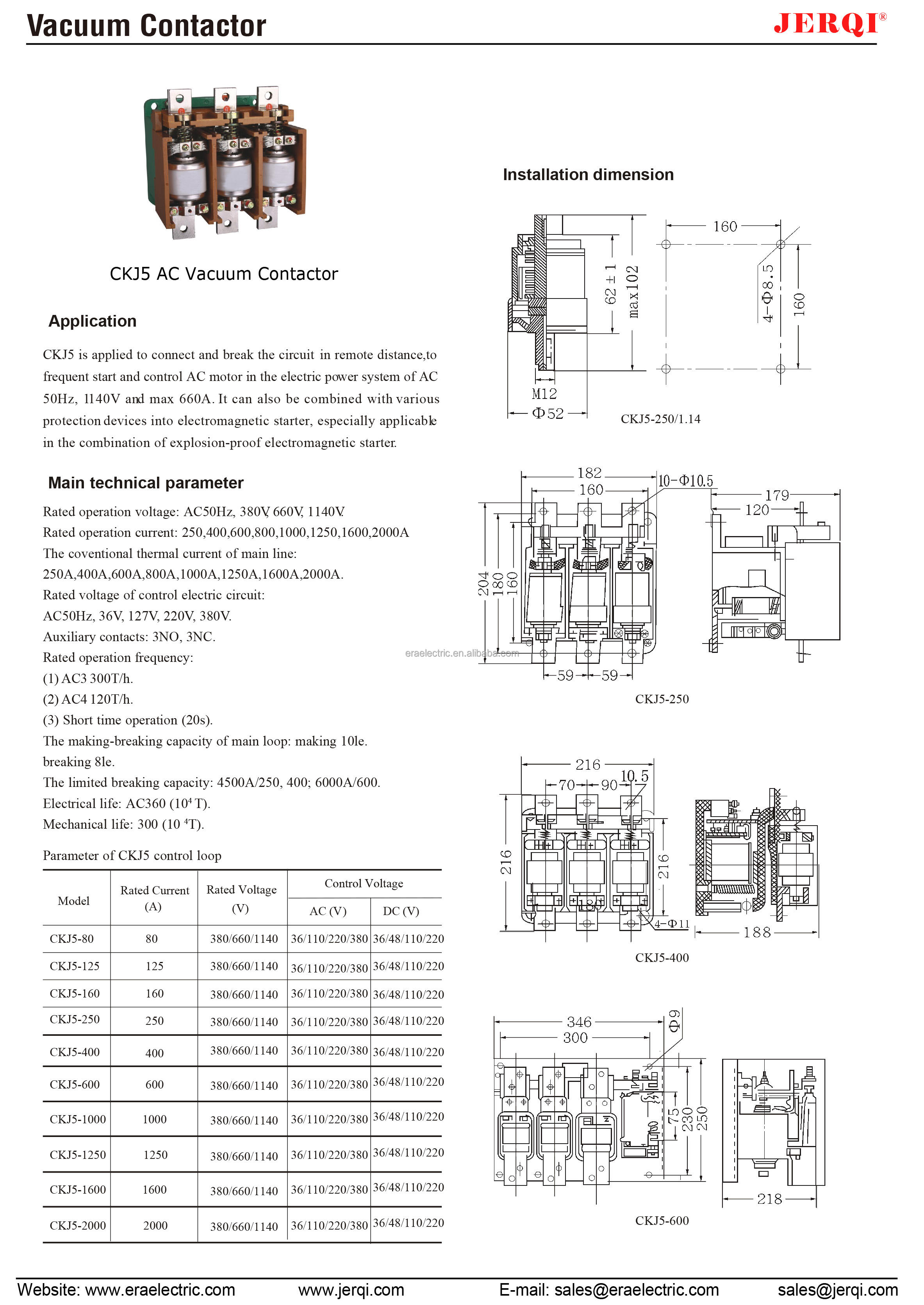 80A 125A 160A 250A 400A 600A 1000A 1250A 1600A 2000A 220V 380V 1140V Three-pole CKJ5 vacuum ...