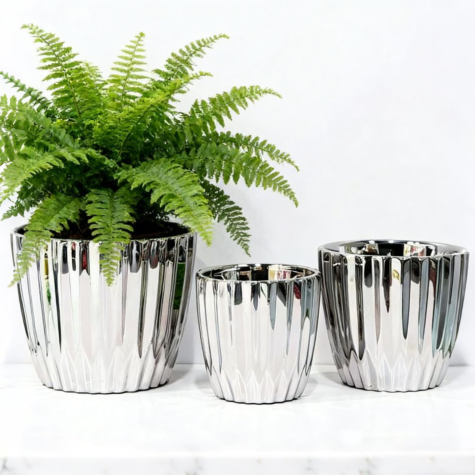 Silver Electroplated Ceramic Flower Pot Set (3 Sizes) - Glossy Planter ...