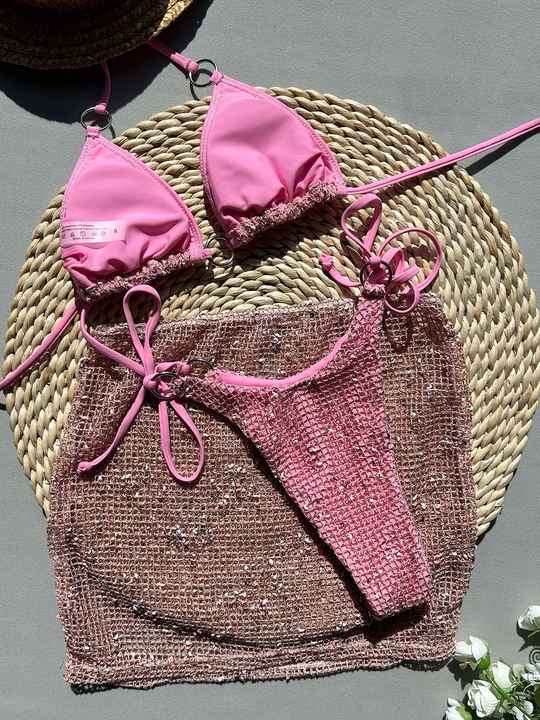 STOCK Two Colors Triangle Top Fishnet Brazilian Bikini Women 3Pieces ...