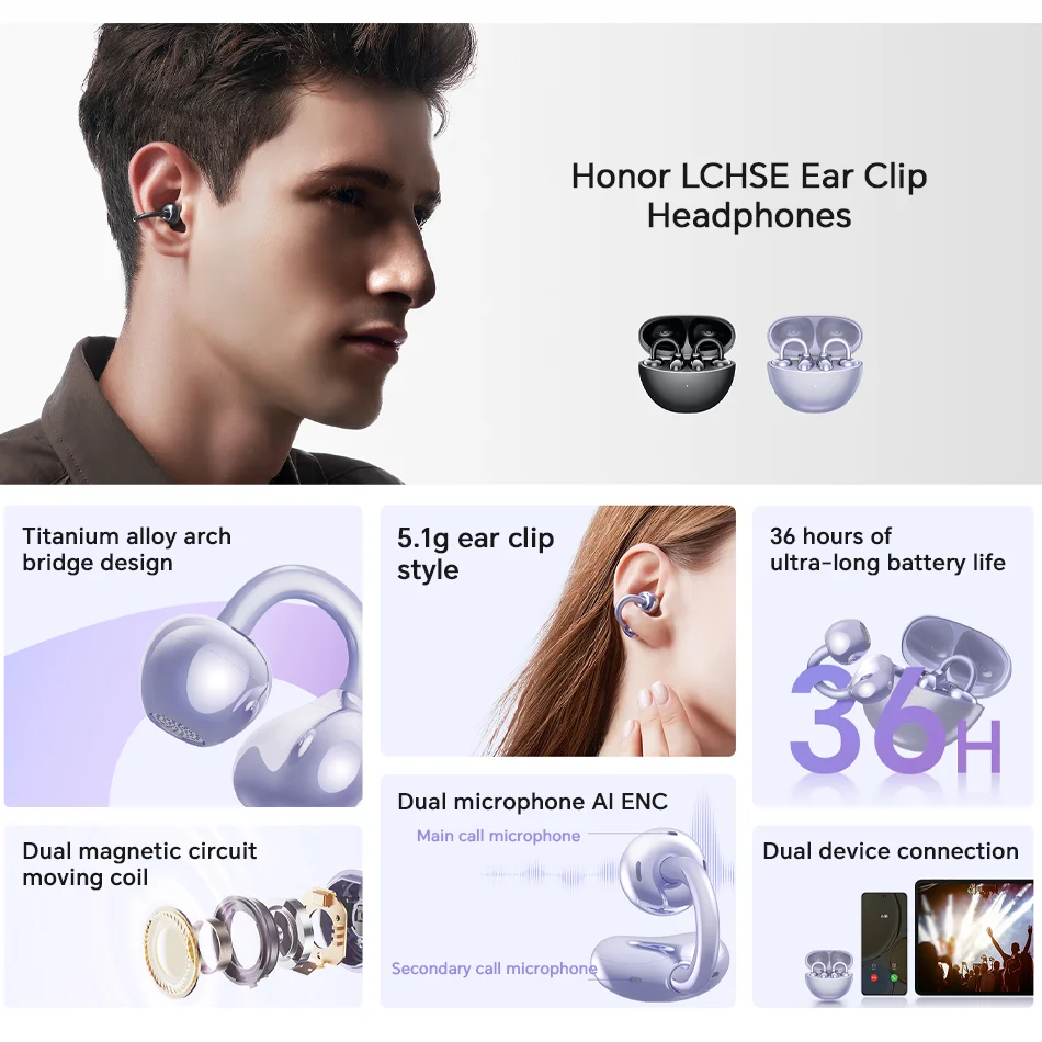 Original Honor LCHSE Clip True Wireless Headphones for 5.3 Dual Mic ...