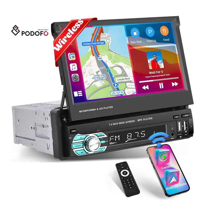 Podofo 1 Din 7" Retractable Flip Screen Car Radio Stereo with Wireless Carplay