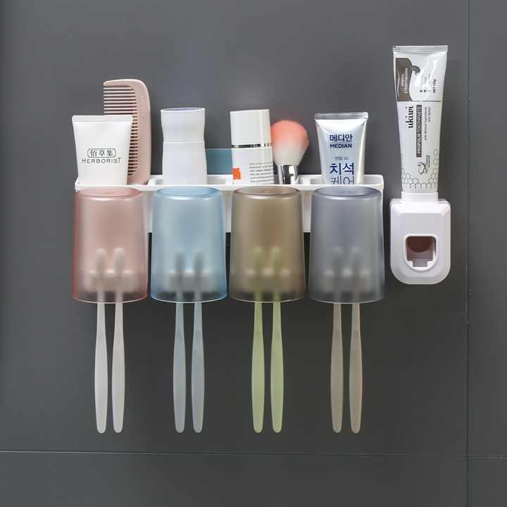 Toothpaste Dispenser With Wall Mounted Toothbrush Holder Kids Hands ...