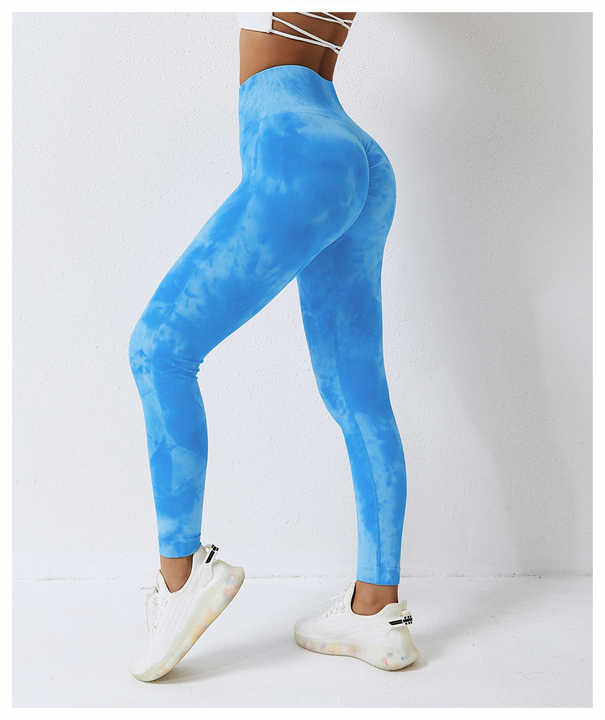 Tie Dyed Seamless High Waist Yoga Pants Women's Tight Running Sports Pants Quick Drying Peach ...