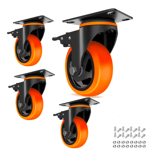 Orange 4inch PU Caster Wheels with Brake Industrial Locking Rolling ...