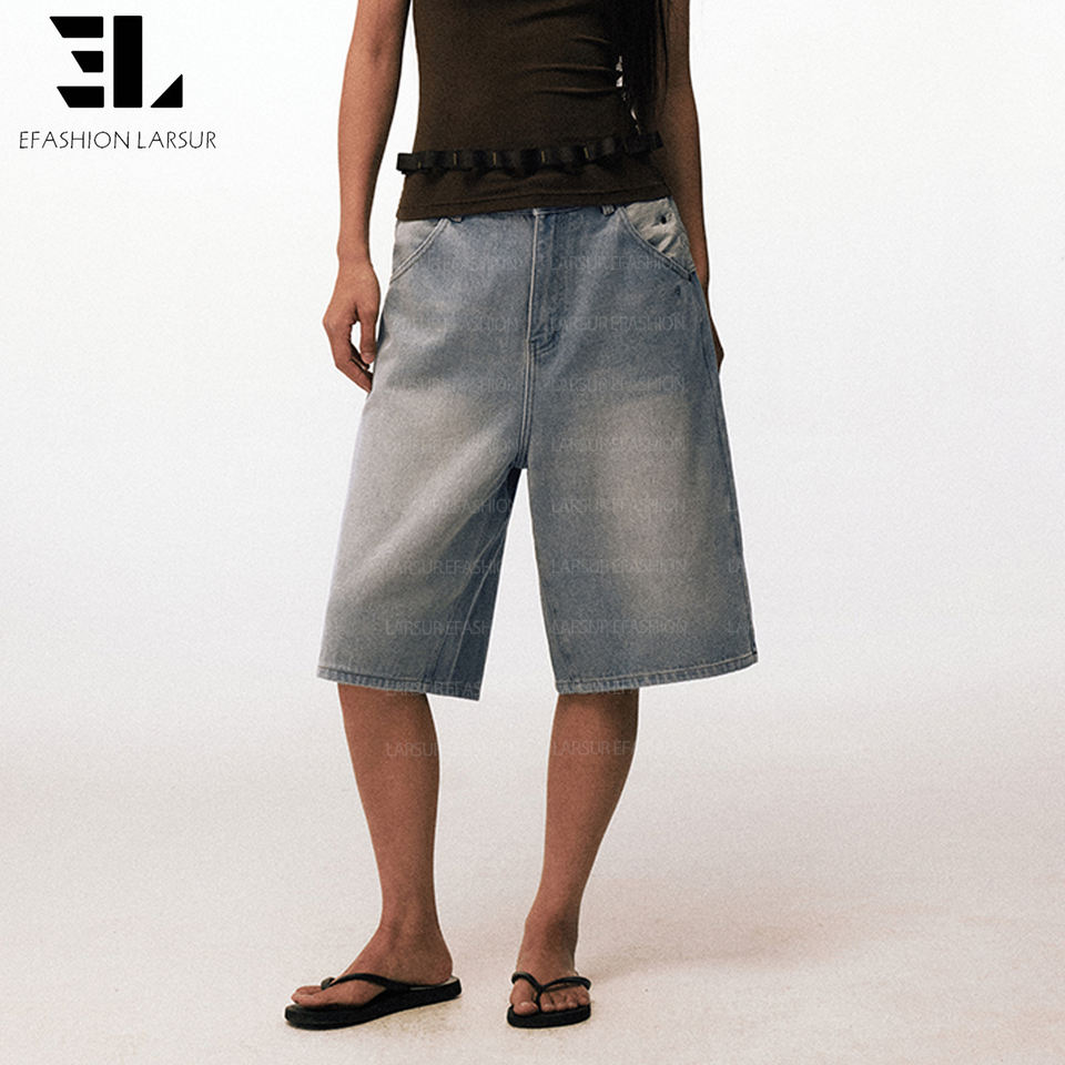 LARSUR Custom Factory Denim Patchwork Ripstop Cropped Jorts Distressed ...