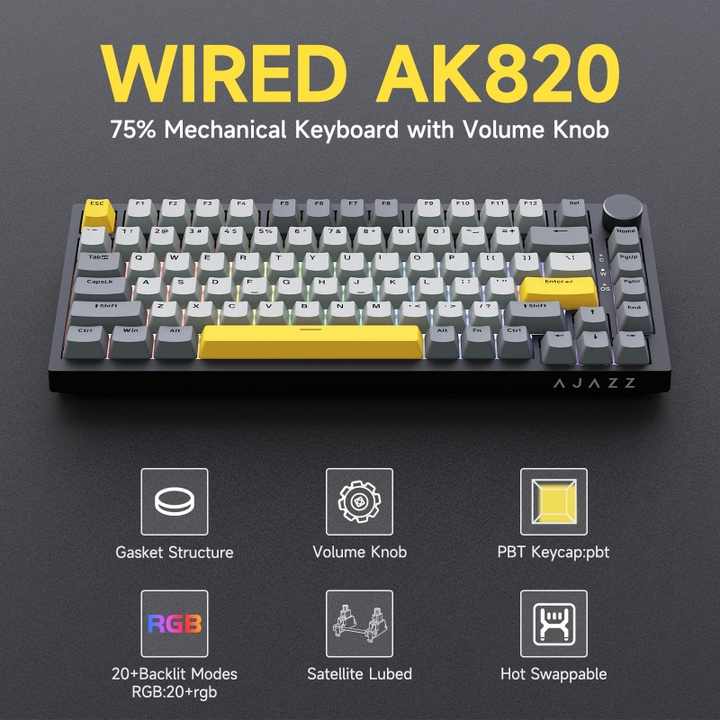 Ajazz AK820 Wired RGB LED Light Mechanical Gaming Switch 75% Layout ...