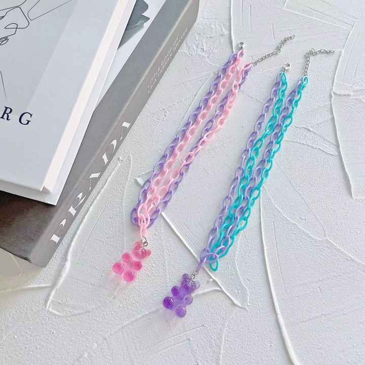 Cute Pink Plastic Acrylic Gummy Bears Double Layer Necklaces Fashion ...