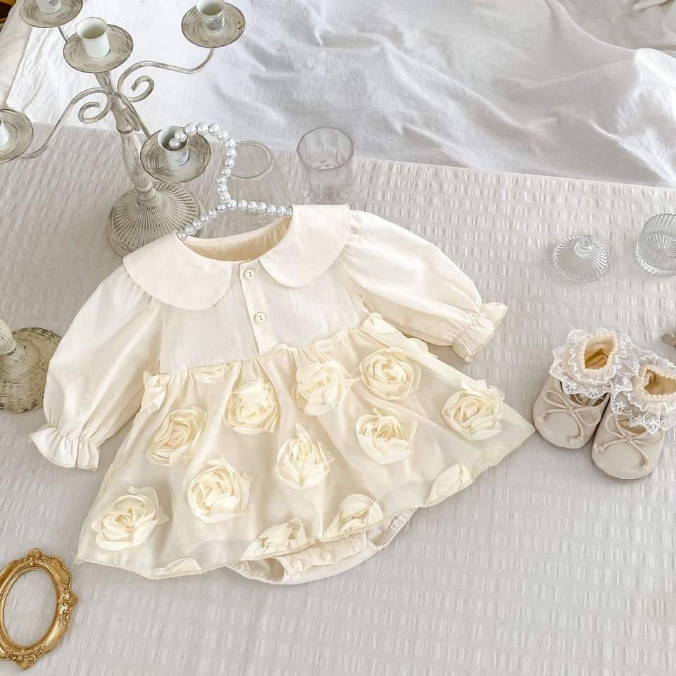 Spring and Autumn Infant Jumpsuit Girls Long Sleeve 3D Flower Princess ...