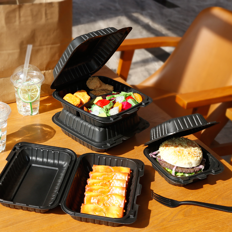 Eco-friendly 8" Black Disposable Mineral Fill Plastic Burger Boxes