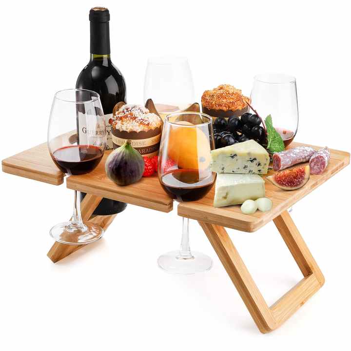 Bamboo Portable Wine Picnic Table with 5 Wine Glasses Holder Foldable ...